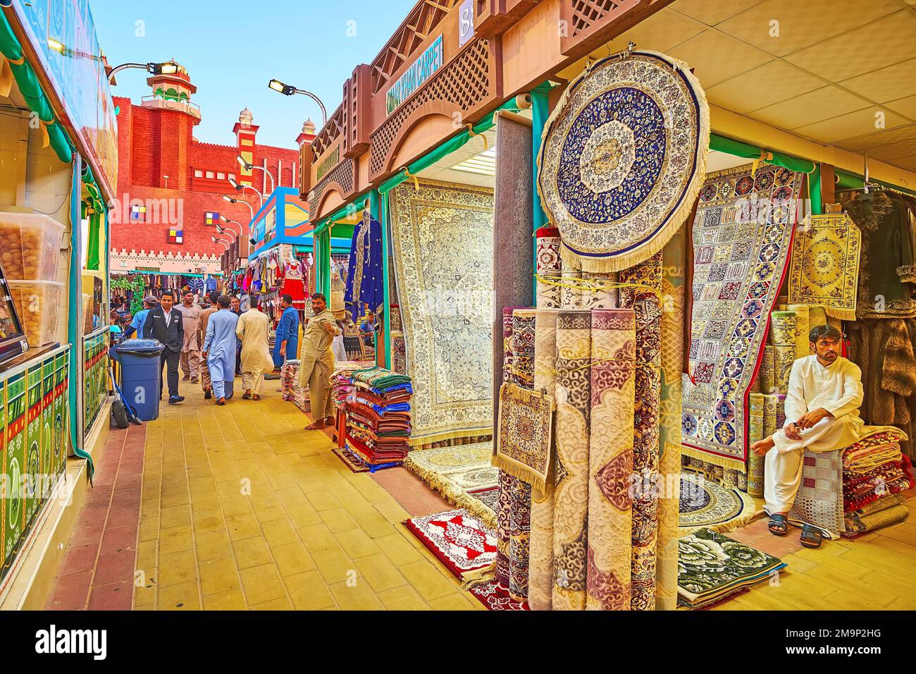 DUBAI, UAE - MARCH 6, 2020: The stall with traditional carpets and rugs ...