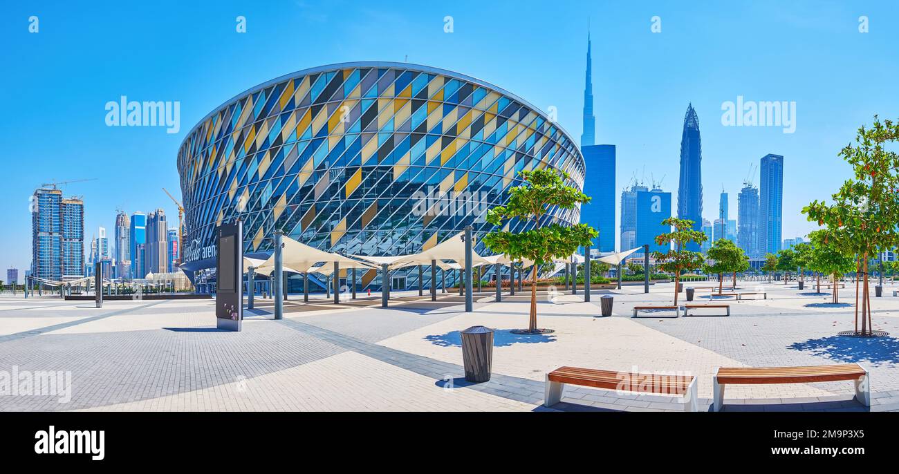 DUBAI, UAE - MARCH 6, 2020: Panorama of small park in front of Coca ...