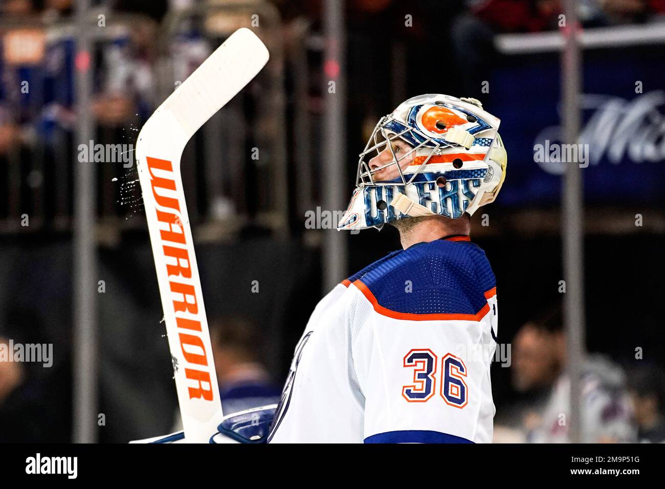 Edmonton Oilers goaltender Jack Campbell guards the goal during the ...