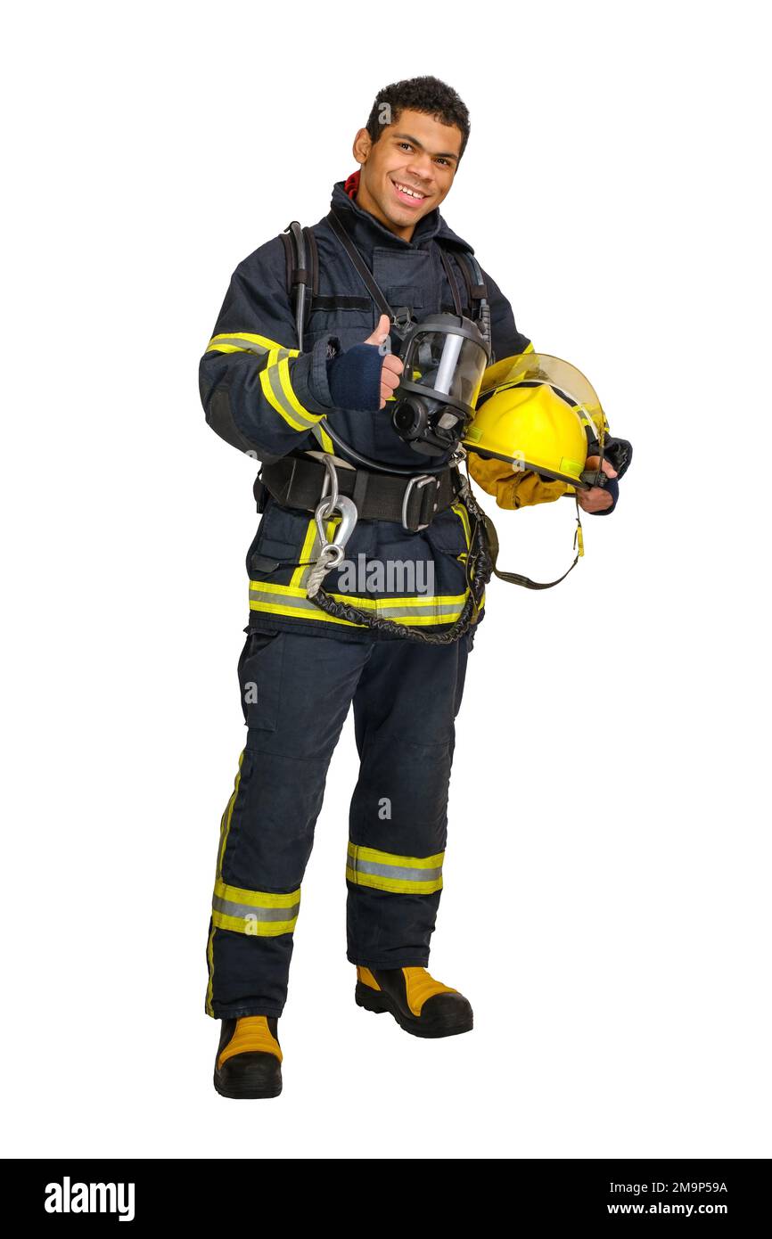 Smiling fireman looks at the camera and make gesture ok Stock Photo - Alamy