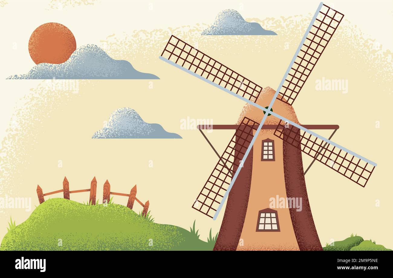 Rural scene with windmill. Countryside textured nature illustration ...