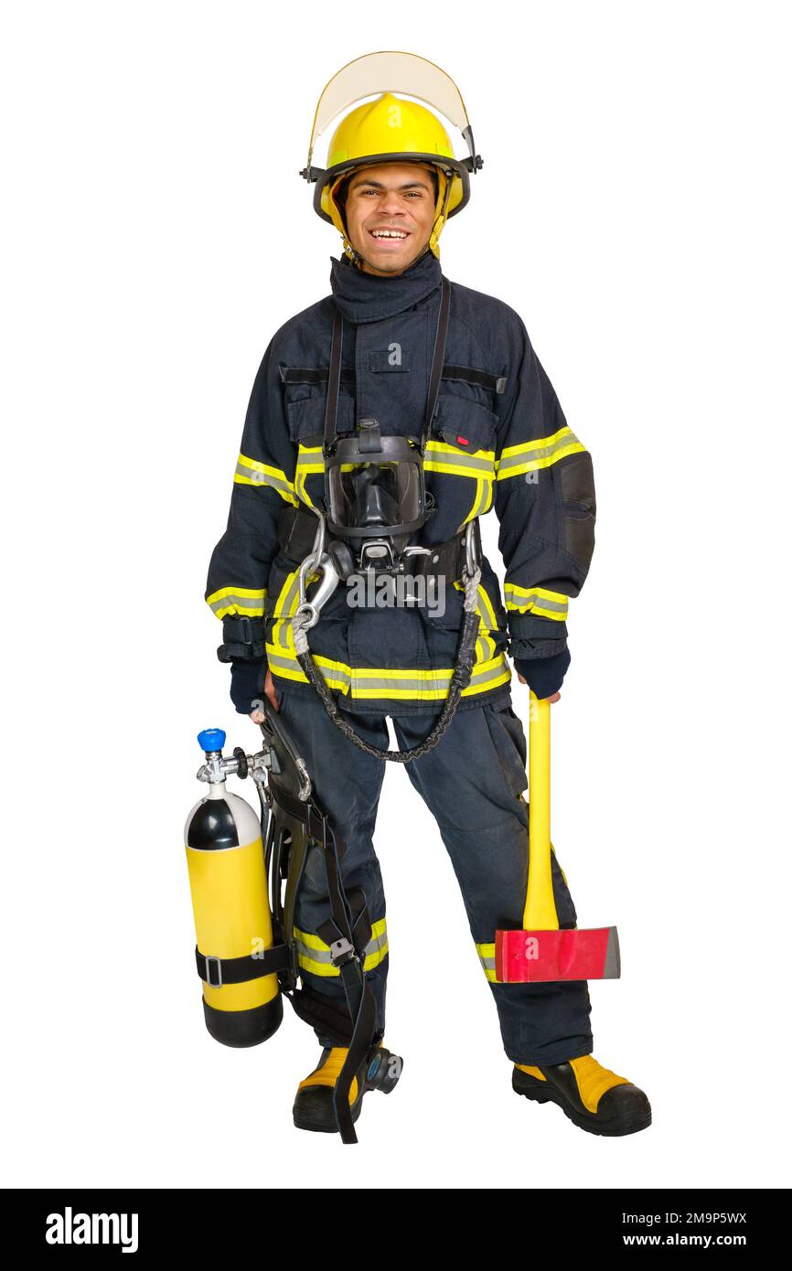 Fireman in uniform with axe and breathing apparatus Stock Photo - Alamy