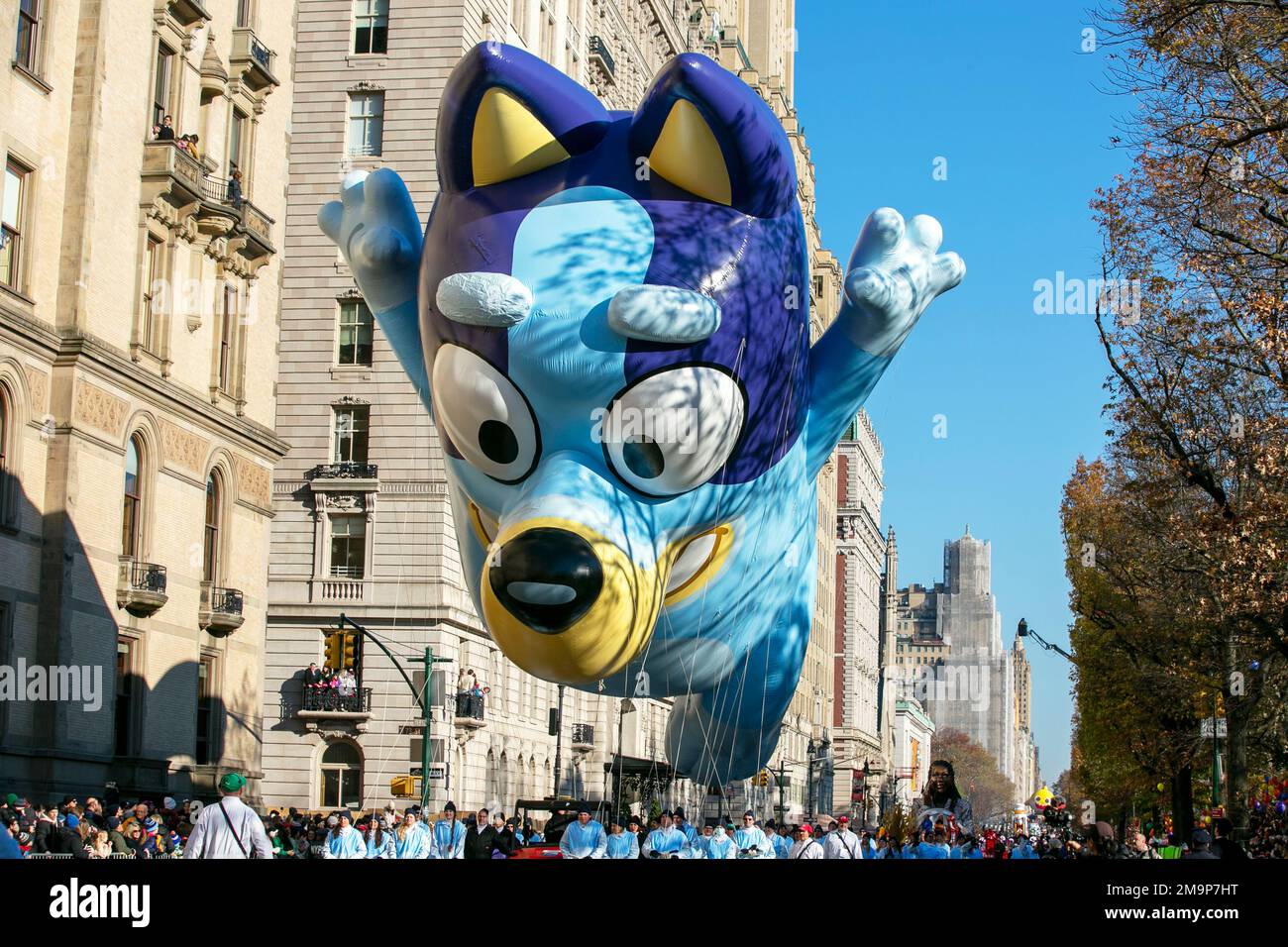 The Bluey balloon is on Central Park West in New York City during Macy ...
