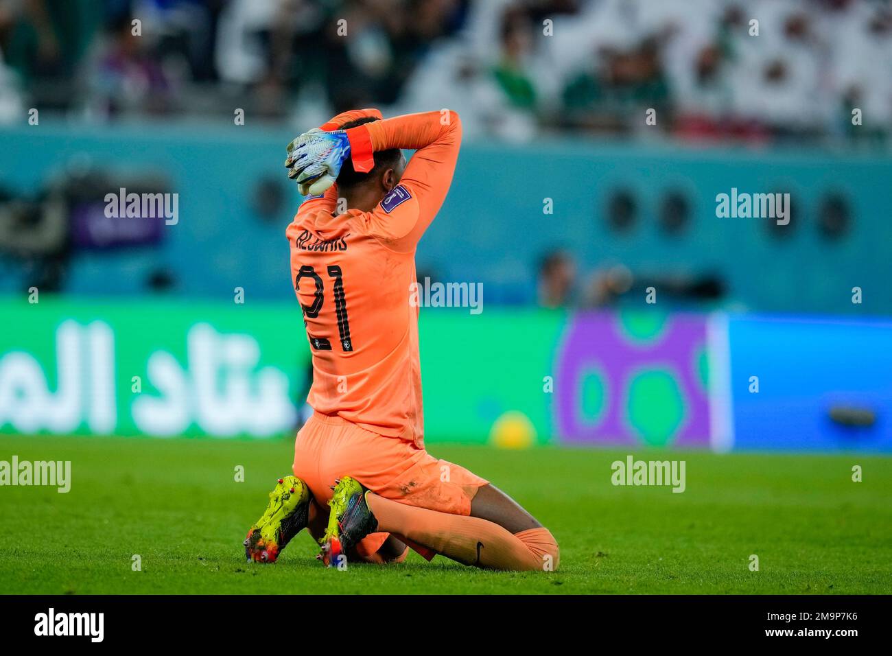 Saudi Arabia's goalkeeper Mohammed Al-Owais reacts during the World Cup ...