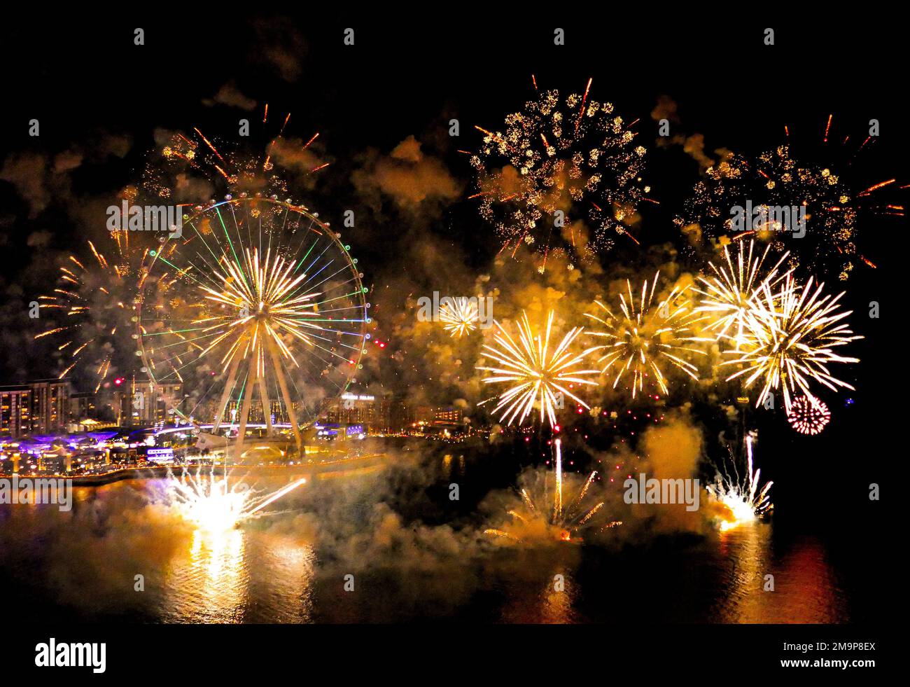 A stunning view of fireworks near the Dubai Ferris Wheel in Bluewaters ...