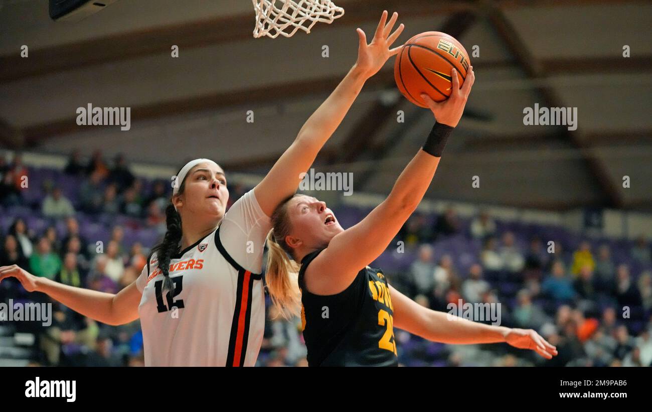 Oregon State forward Jelena Mitrovic (12) defends as Iowa forward ...