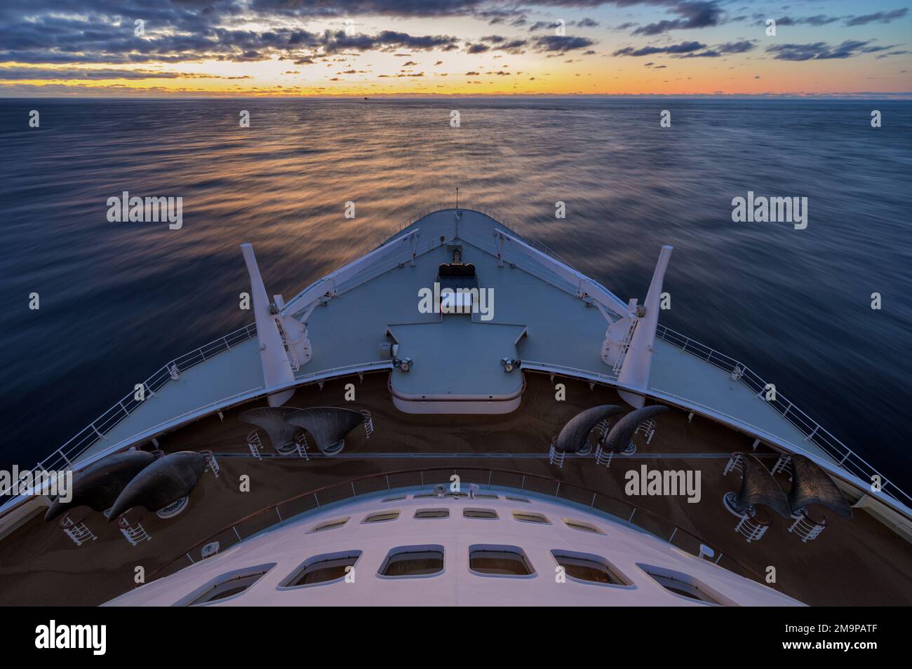 A sunset view from onboard the Cunard trans-Atlantic ocean liner Queen ...