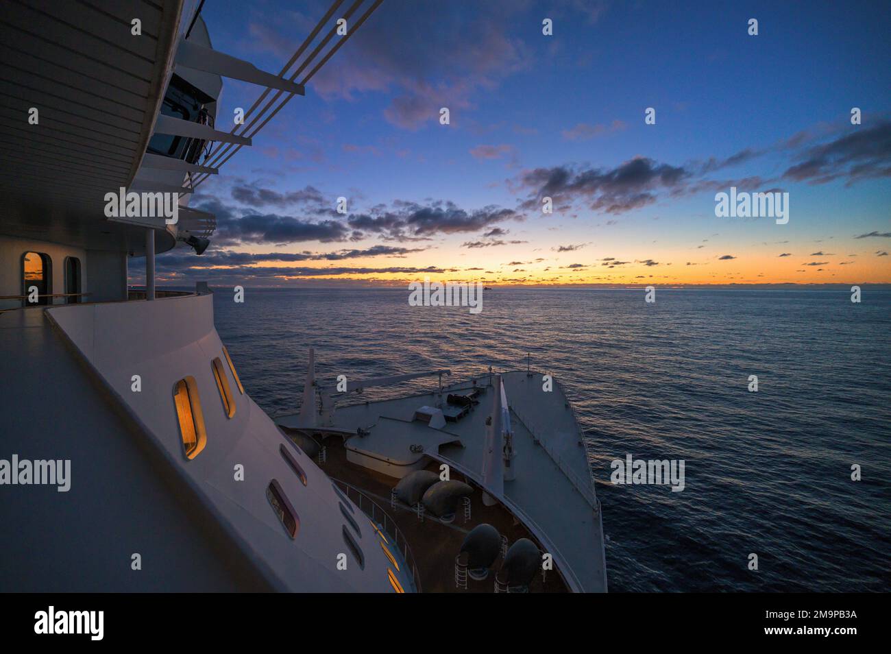 A sunset view from onboard the Cunard trans-Atlantic ocean liner Queen ...