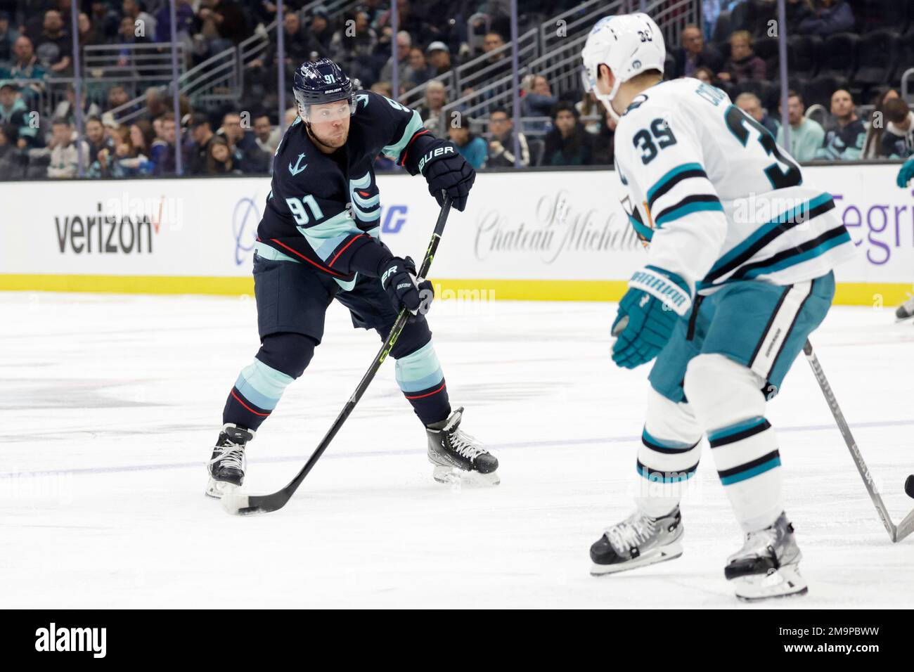 Seattle Kraken right wing Daniel Sprong (91) shoots on goal with San ...