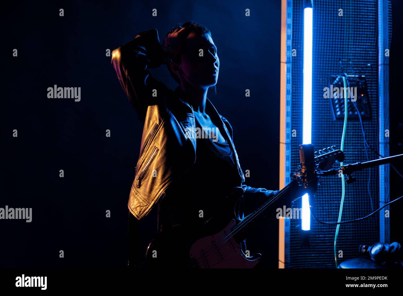 Upset guitarist musician forget the song while playing at electric ...