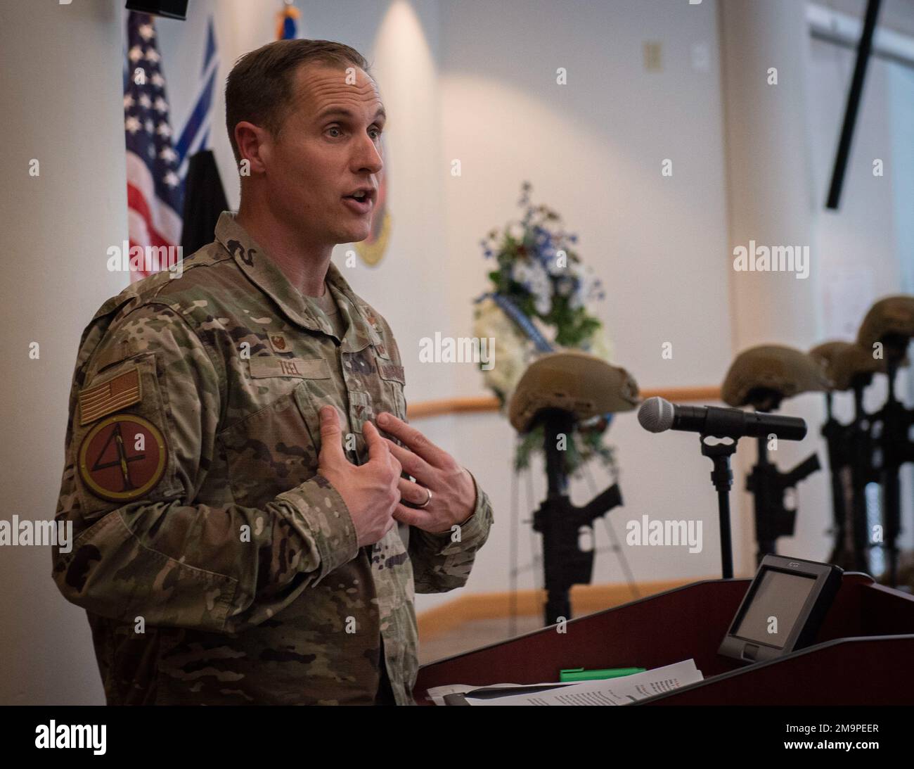 Col. Lucas Teel, 4th Fighter Wing commander, speaks during the National ...