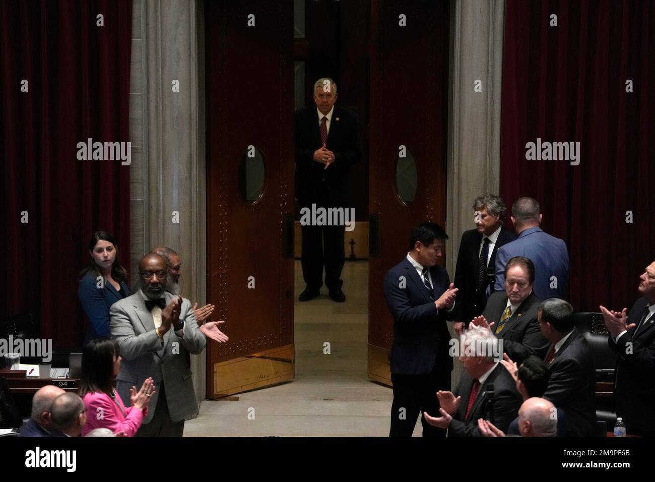 Missouri Gov. Mike Parson prepares to enter the House chamber to ...
