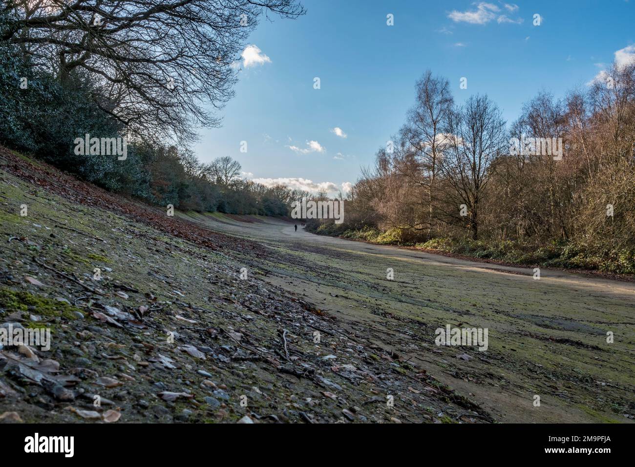 View along part of the historic banked race track at Brooklands, Surrey ...