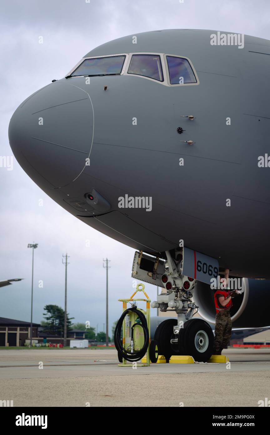 An Airman assigned to the 305th Air Mobility Wing conducts inprocess procedures on a KC-46A ...
