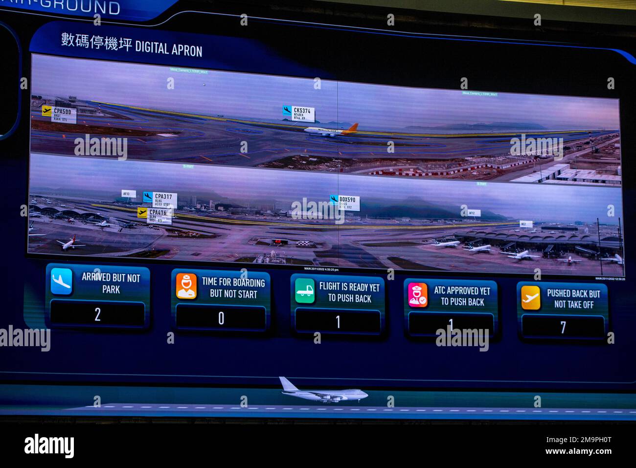 Displays show airport operations at the Integrated Airport Center at ...