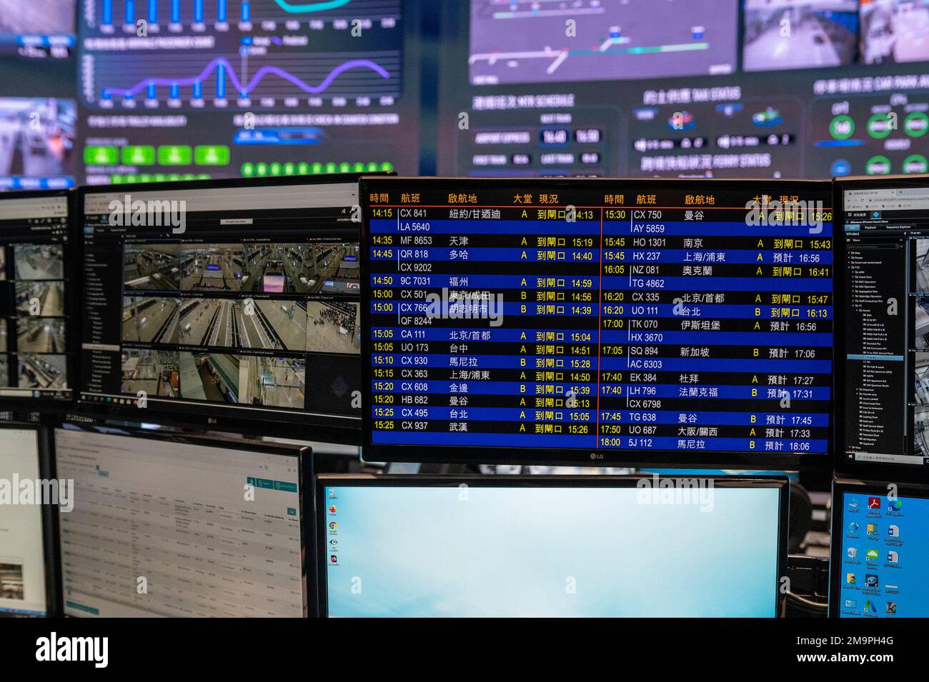 Displays show airport operations at the Integrated Airport Center at ...