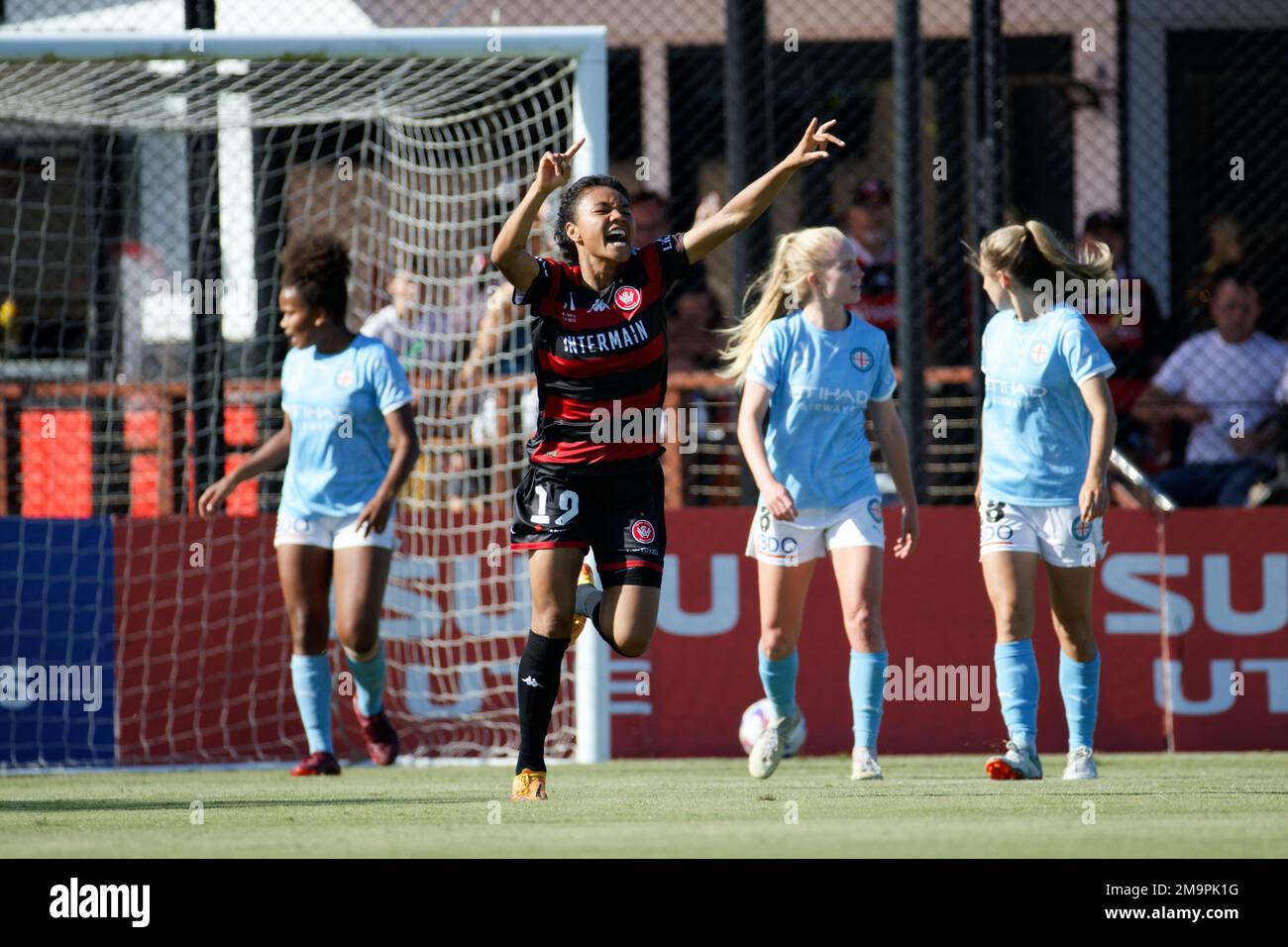 Sabrina Bolden of the Wanderers celebrates a goal during the match ...