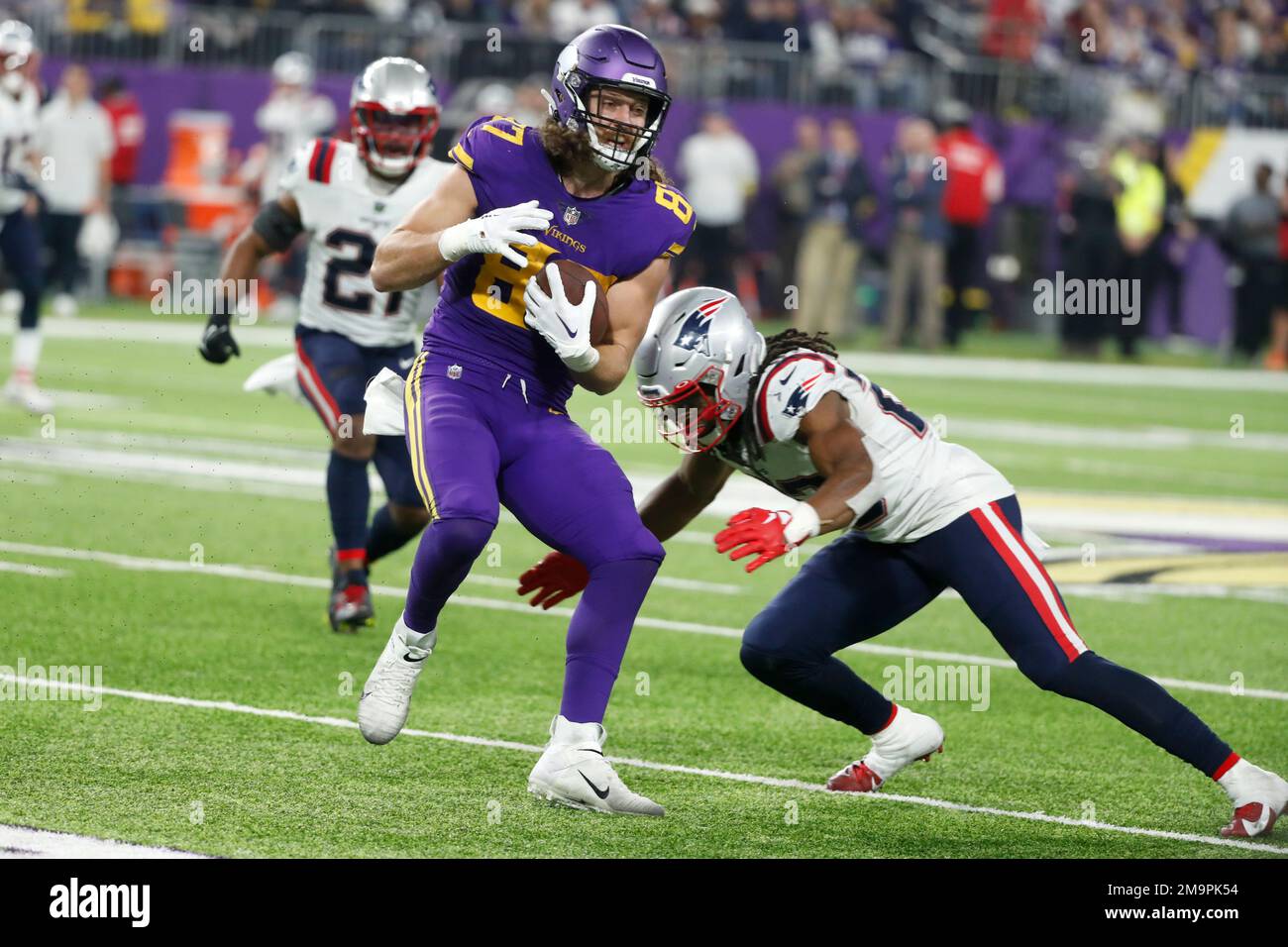 Minnesota Vikings tight end T.J. Hockenson (87) is tackled by New ...