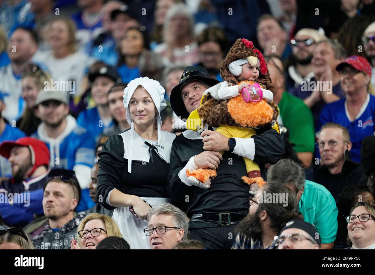Football fans wearing pilgrim outfits are seen in the stands during the ...
