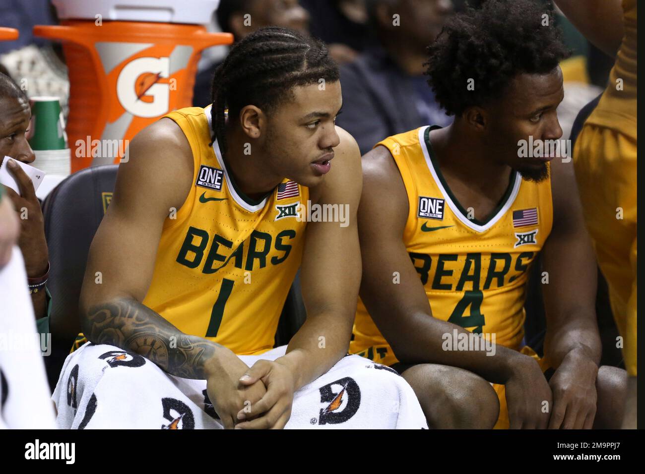 Baylor guard Keyonte George (1) and guard LJ Cryer (4) look on from the ...