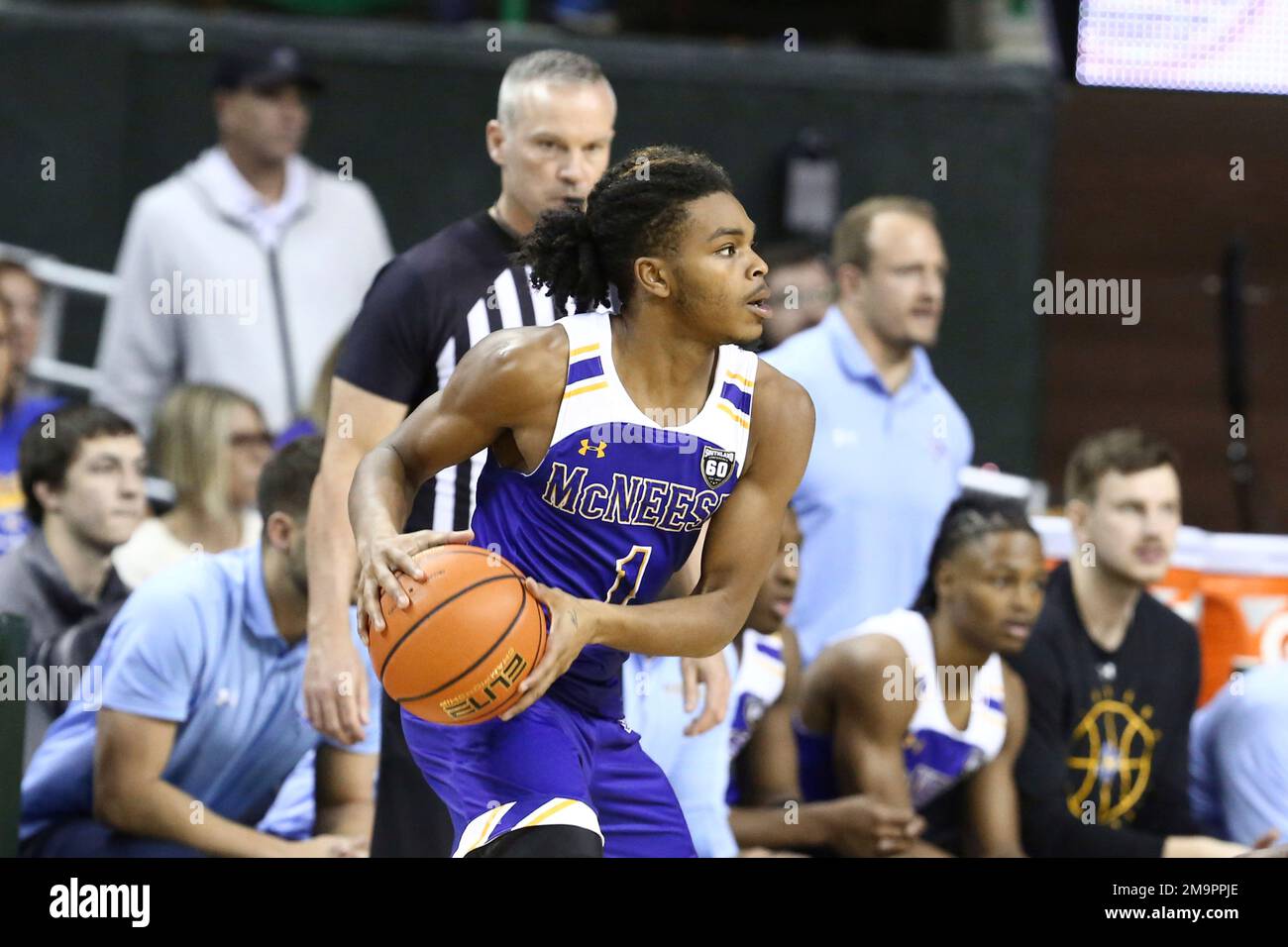 McNeese State guard Trae English (1) looks to pass against Baylor in ...