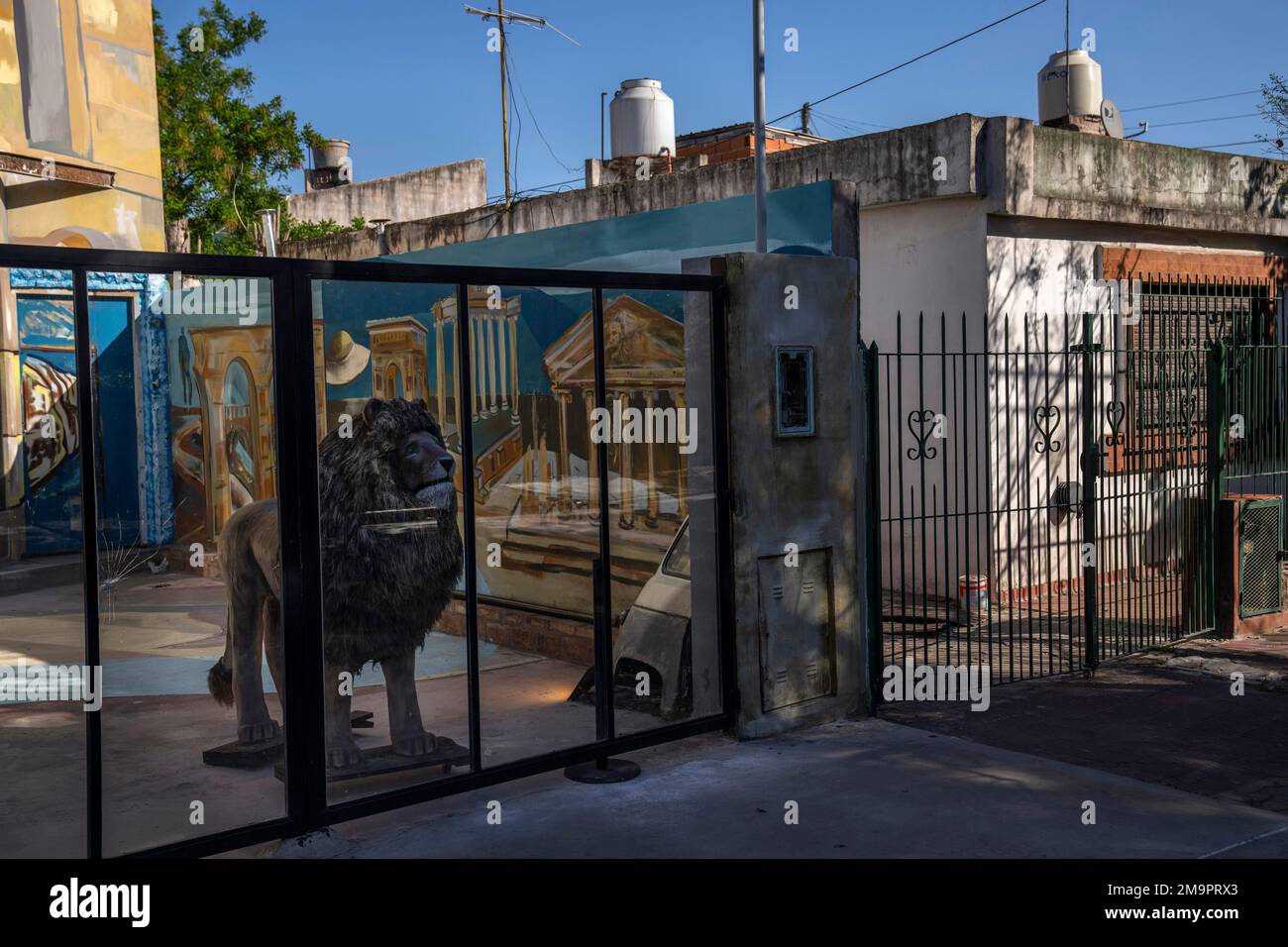 A wooden lion is set inside a replica of the Roman Colosseum that ...