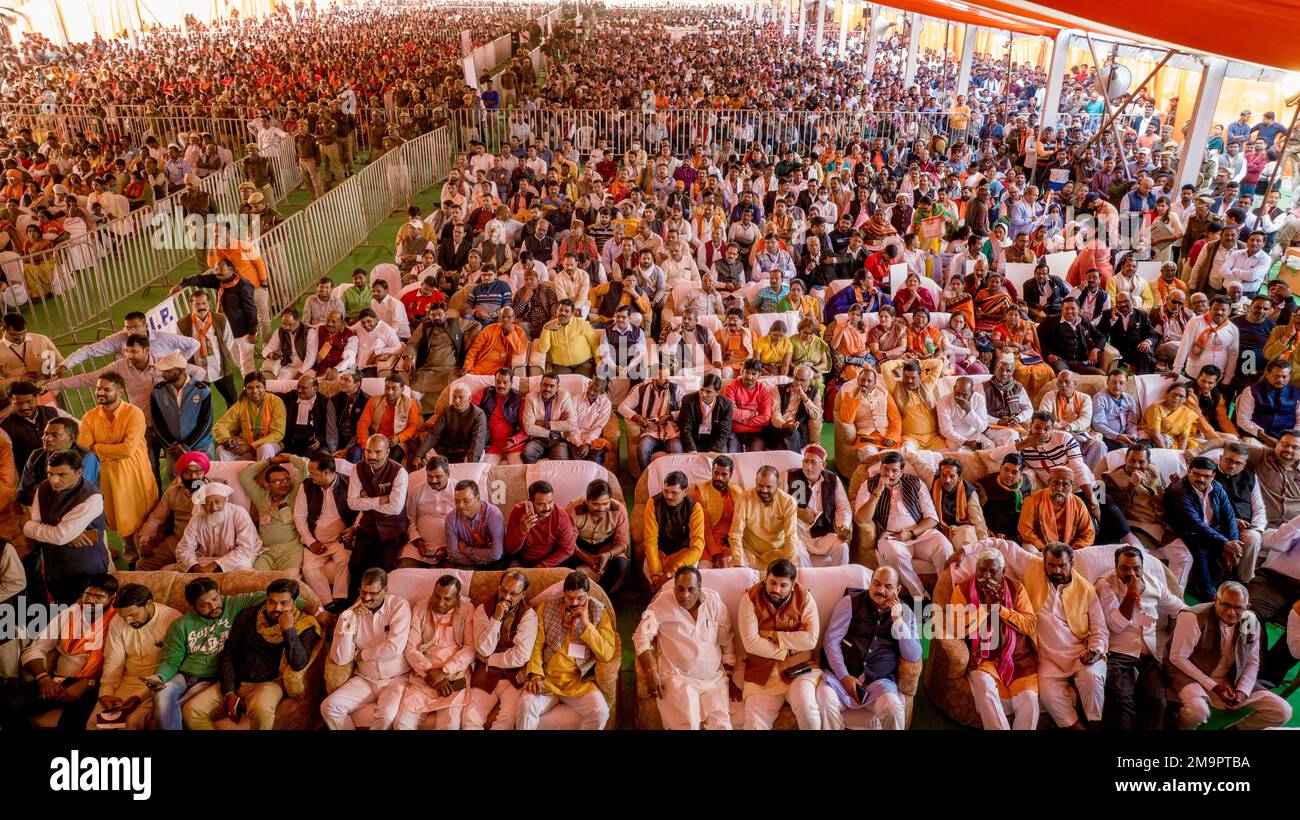A crowd listens to Uttar Pradesh chief minister Yogi Adityanath as he ...