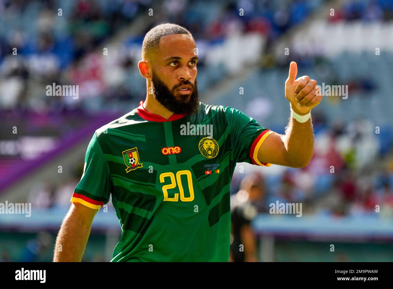 Cameroon's Bryan Mbeumo shows the thumbs up during the World Cup group ...