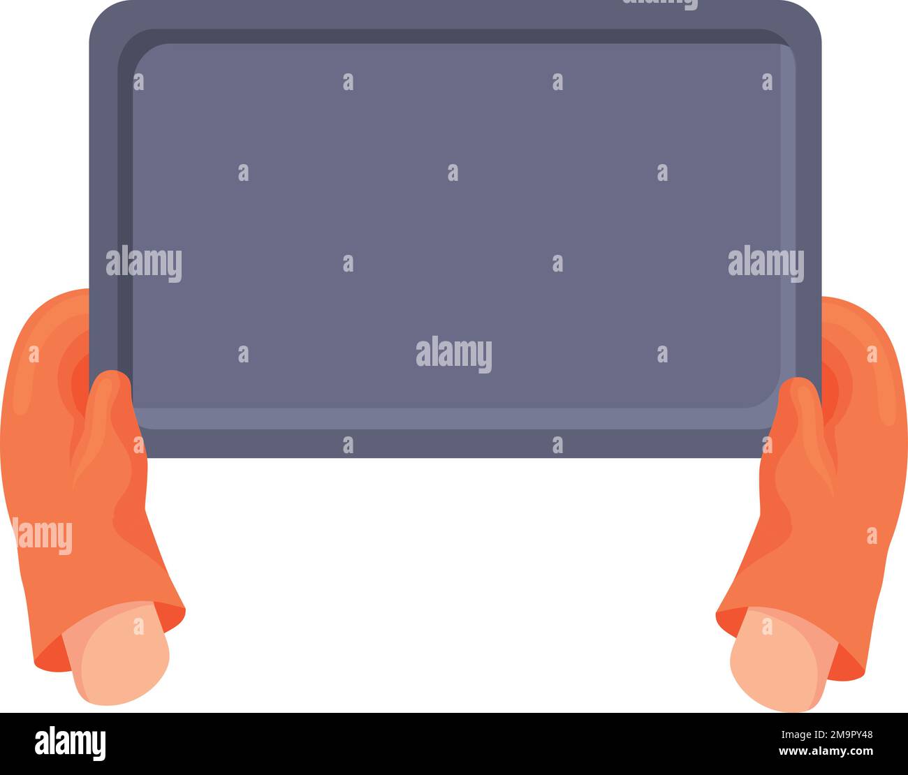 Hands hold baking tray. Pastry recipe cartoon icon isolated on white ...