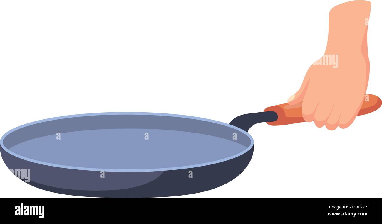 Hand hold frying pan. Cooking cartoon icon isolated on white background ...