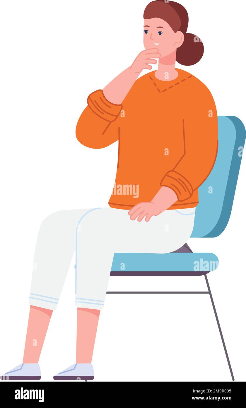 Sitting female character. Young woman waiting on chair isolated on ...