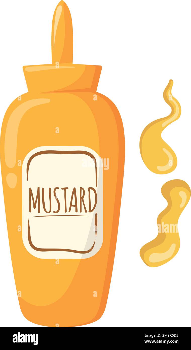 Mustard plastic bottle cartoon icon. Sauce splash isolated on white ...