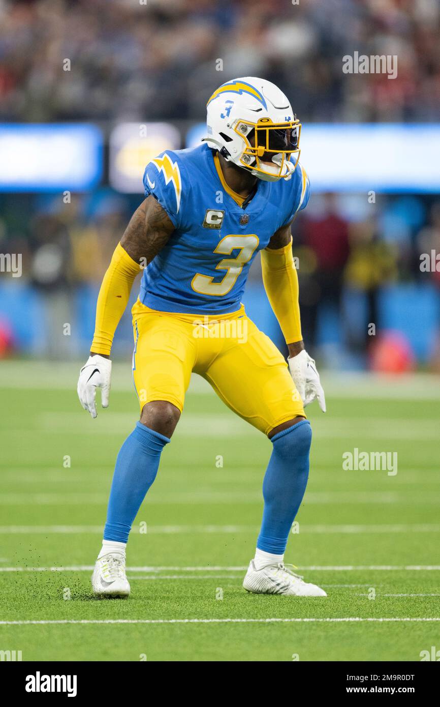 Los Angeles Chargers safety Derwin James Jr. (3) takes his stance ...