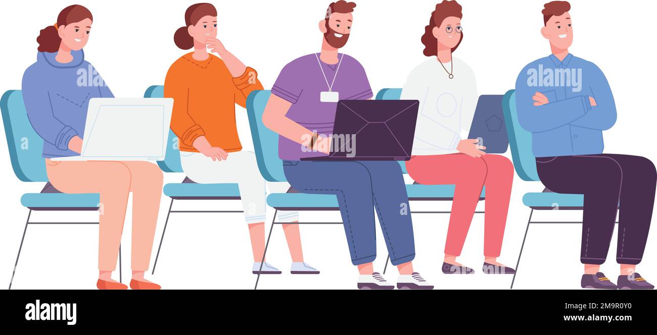 People sitting on chairs. Conference audience. Men and women listening ...