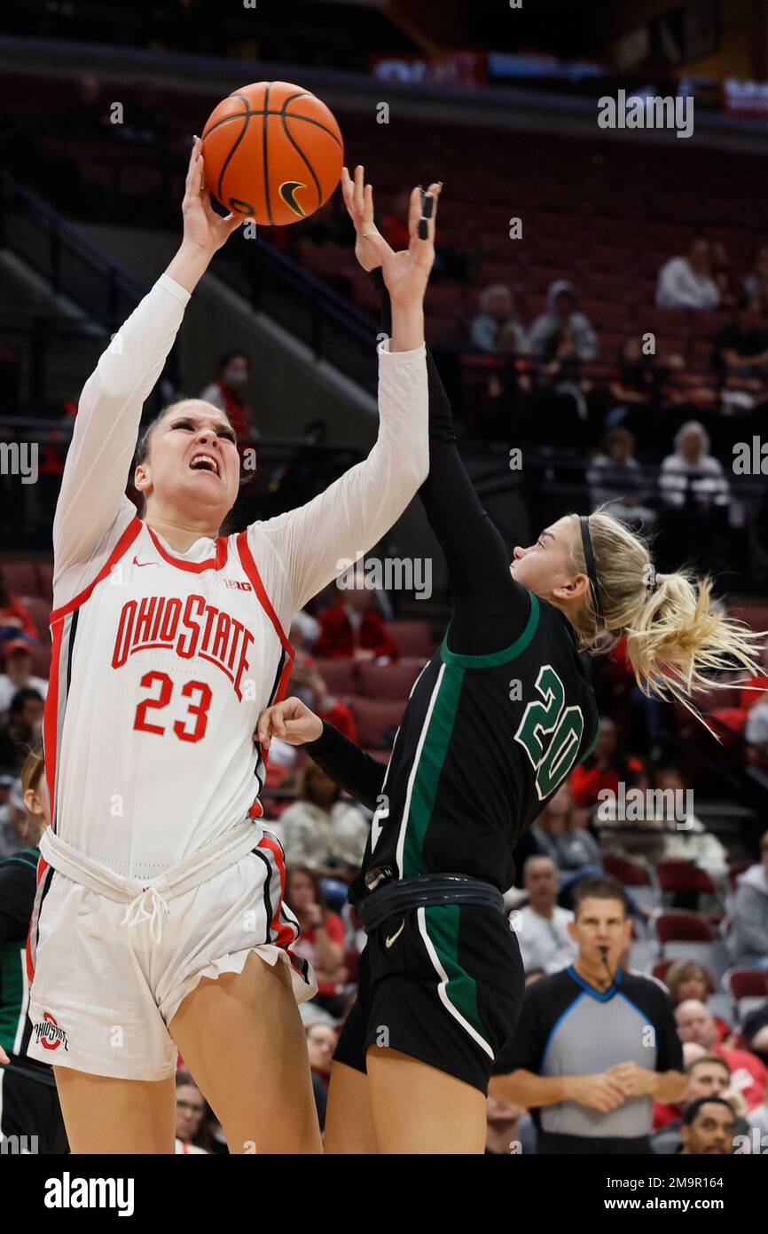 Ohio State's Rebeka Mikulasikova, left, shoots over Wright State's ...