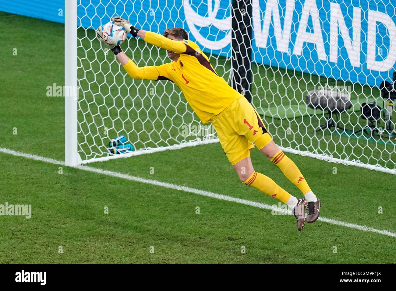 Belgium's goalkeeper Thibaut Courtois blocks a shot during the World ...