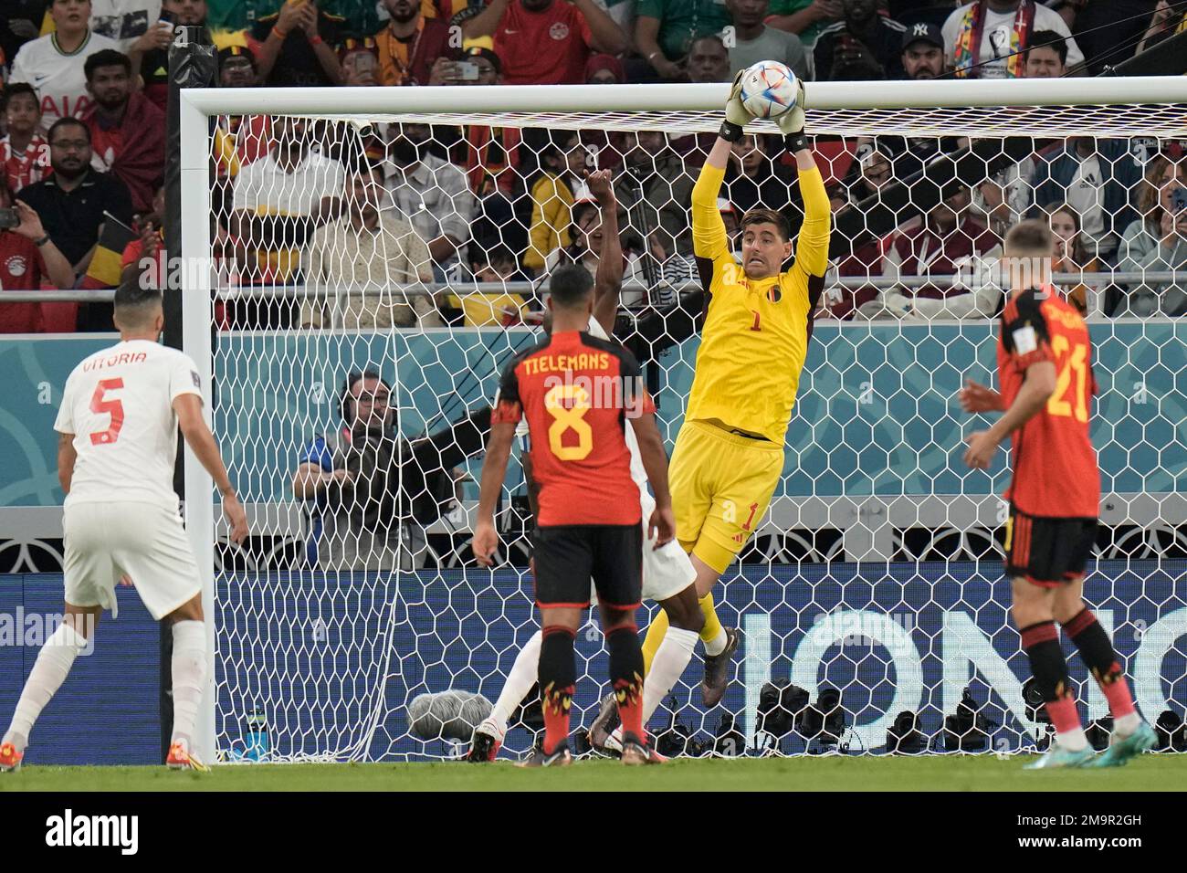 Belgium's goalkeeper Thibaut Courtois makes a save during the World Cup ...