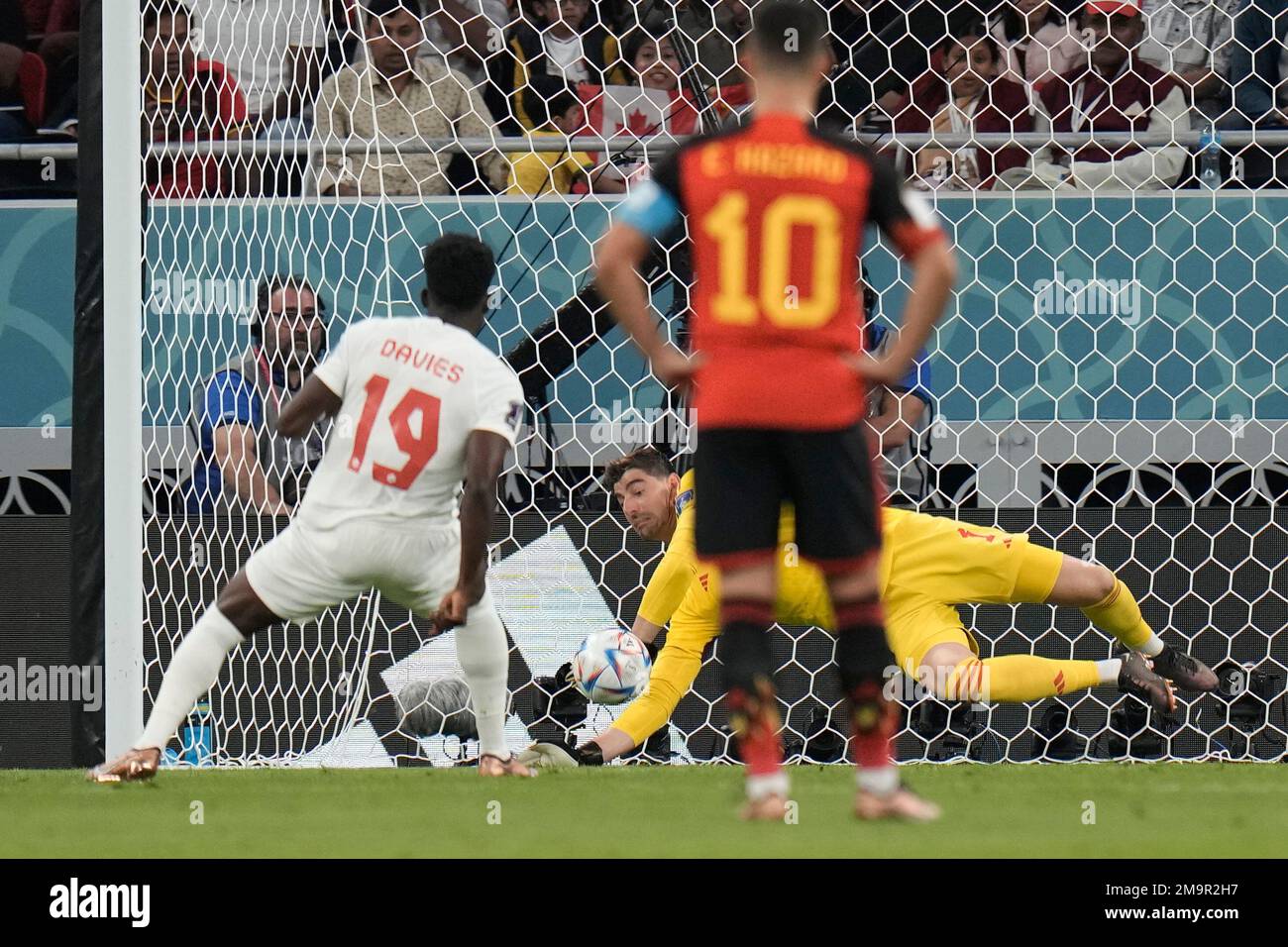 Belgium's goalkeeper Thibaut Courtois makes a save during the World Cup ...