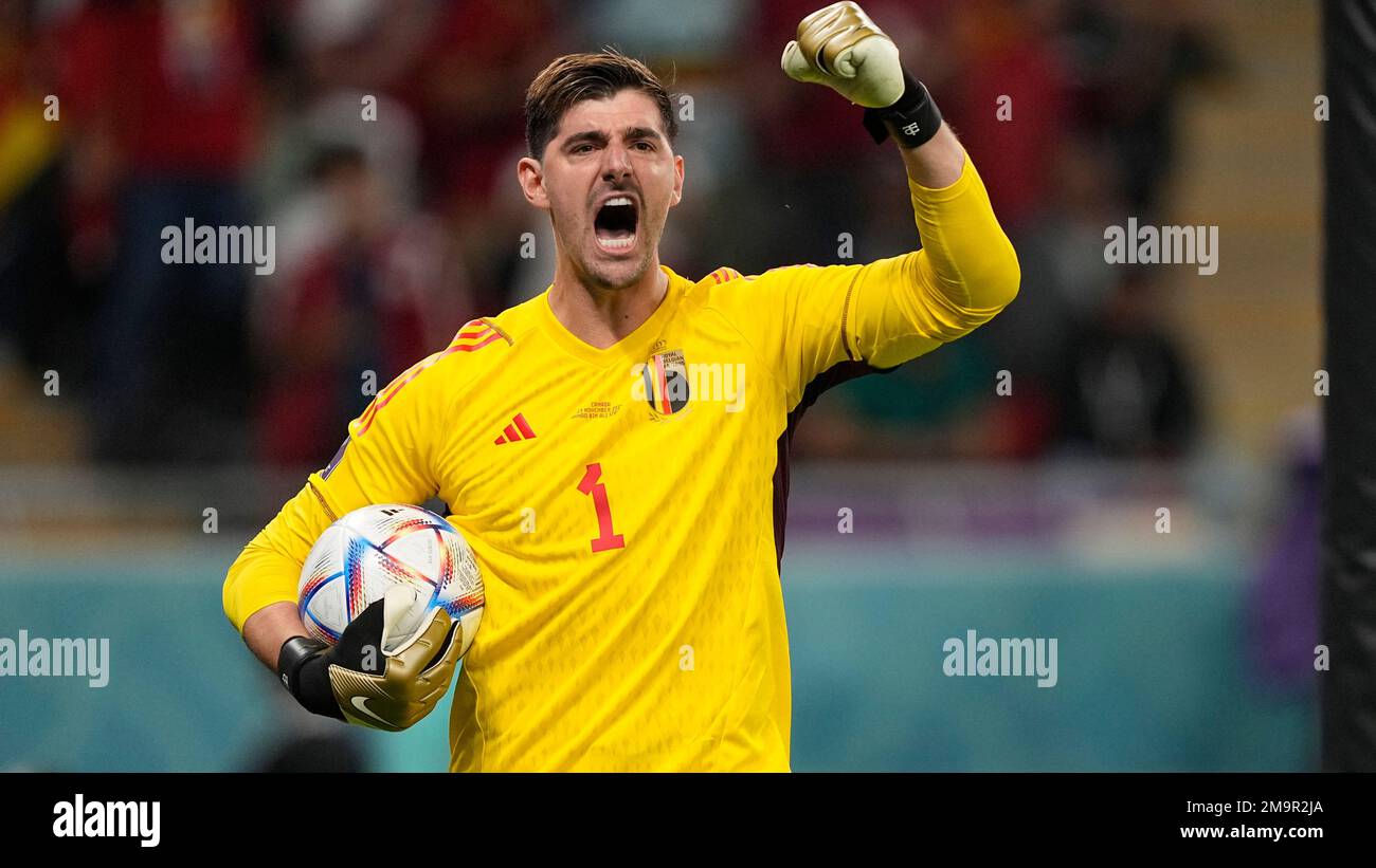 Belgium's goalkeeper Thibaut Courtois reacts after saving a penalty ...