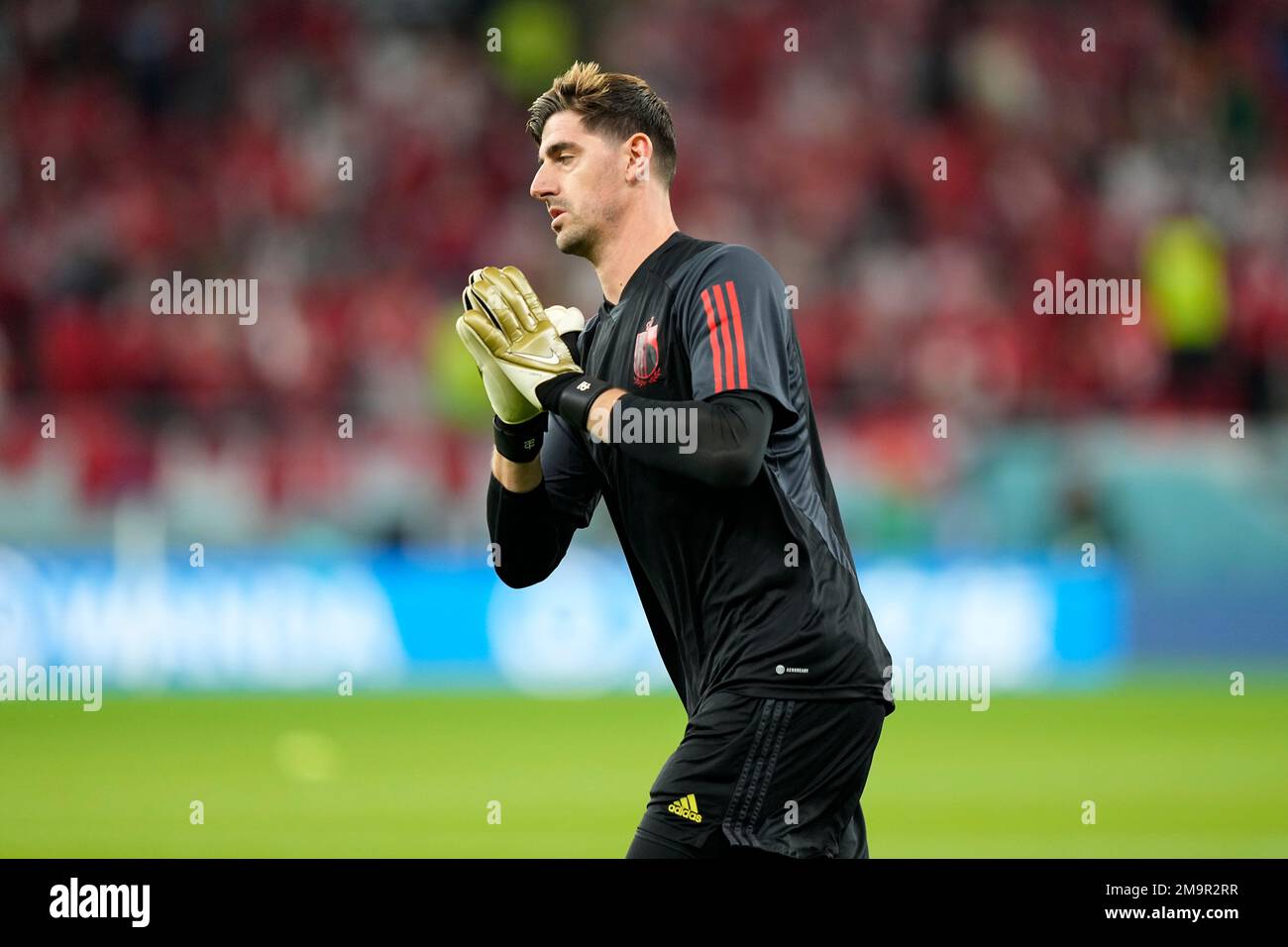 Belgium's goalkeeper Thibaut Courtois warms up prior to the start of ...