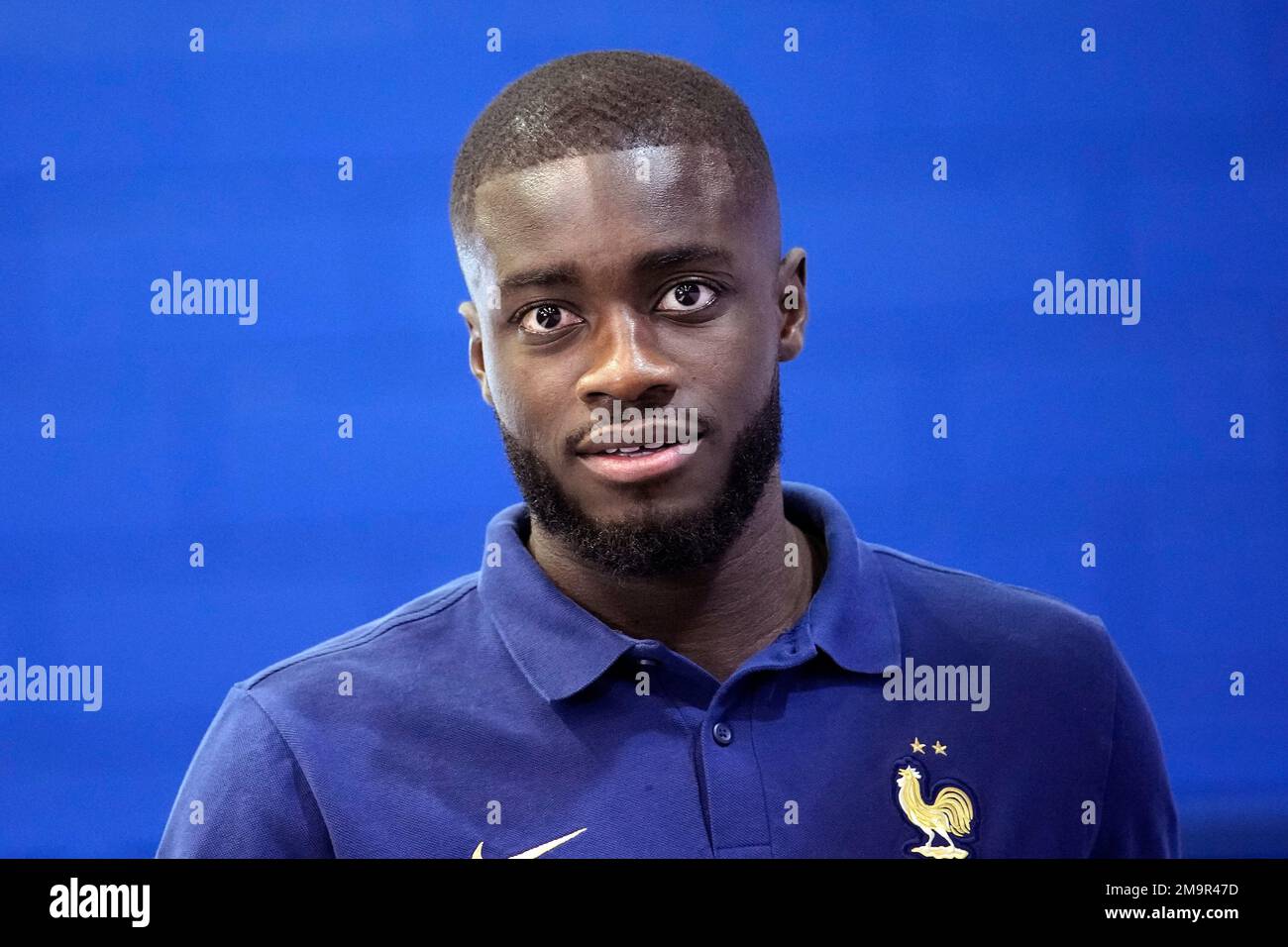 France's Dayot Upamecano arrives for a press conference at the Jassim ...