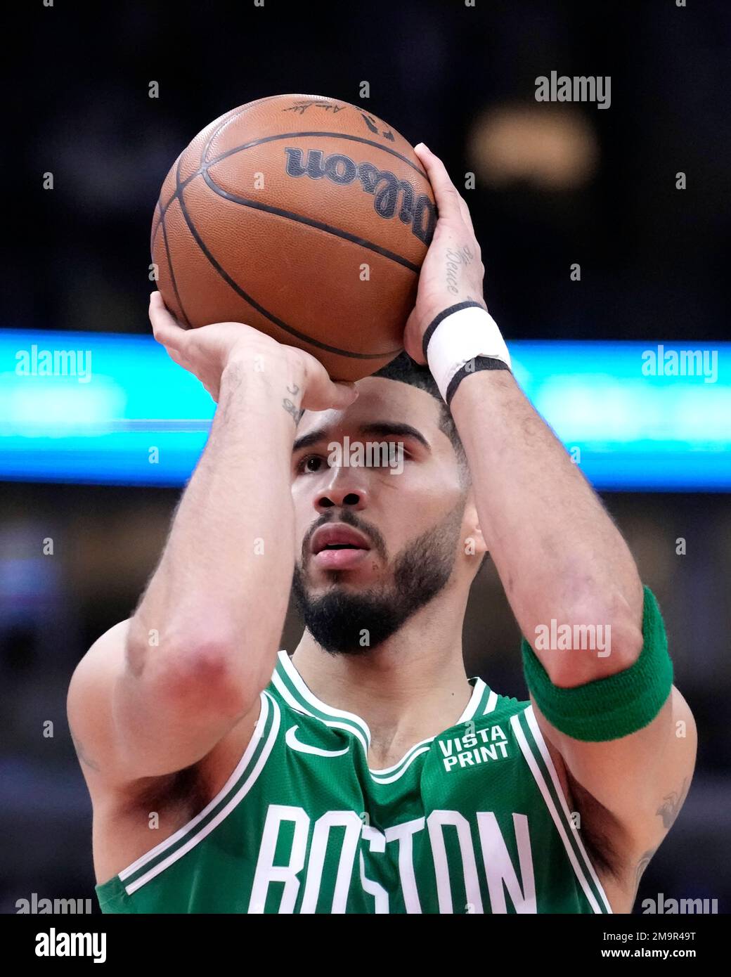 Boston Celtics' Jayson Tatum eyes a free throw during an NBA basketball ...