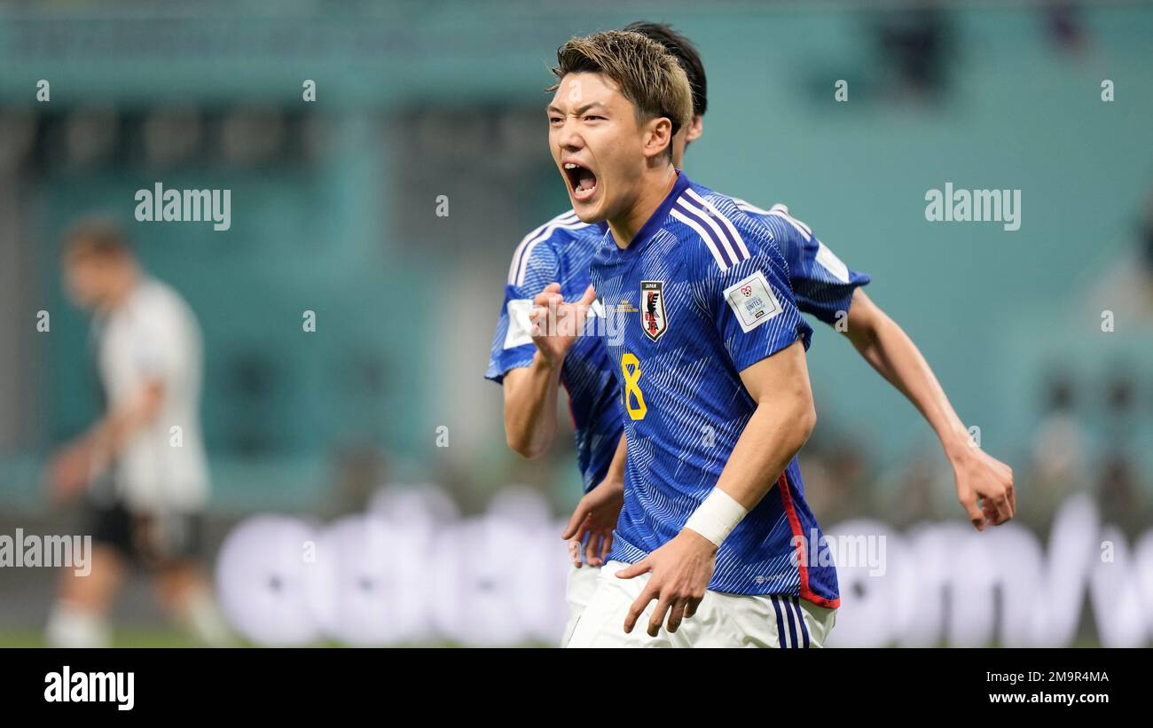 Japan's Ritsu Doan celebrates after scoring a goal during the World Cup ...