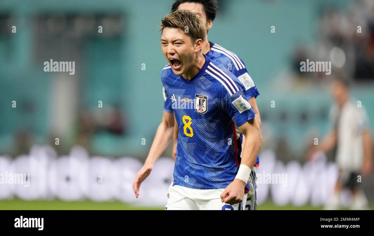 Japan's Ritsu Doan celebrates after scoring a goal during the World Cup ...