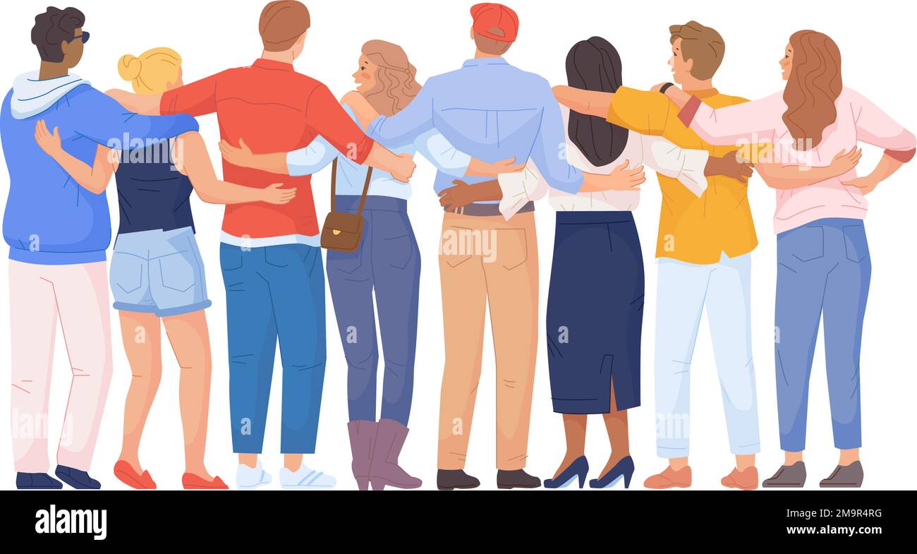 Friends standing together rear view. People unity isolated on white ...