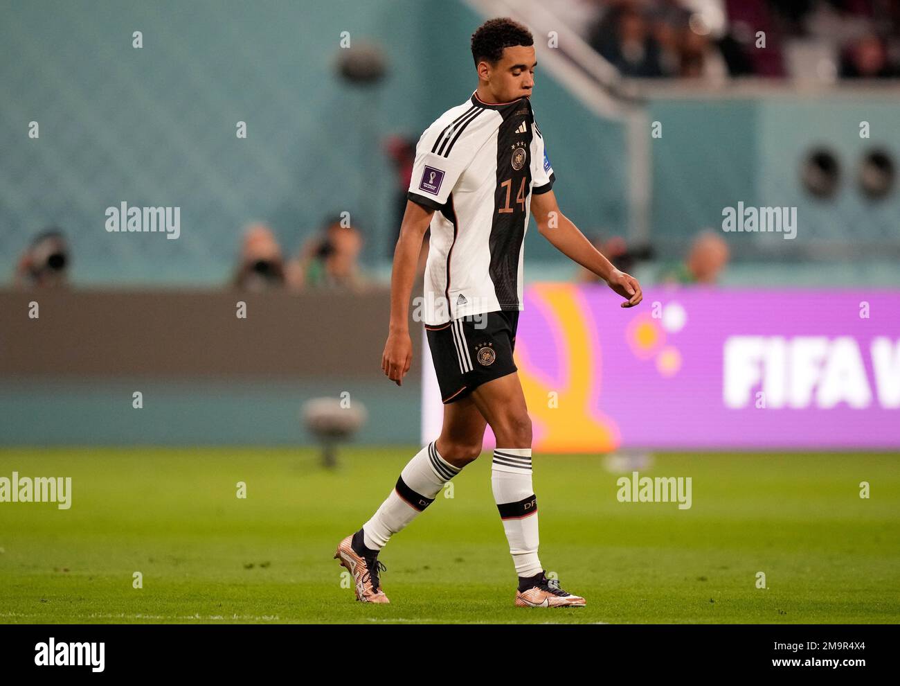 Germany's Jamal Musiala reacts during the World Cup group E soccer ...