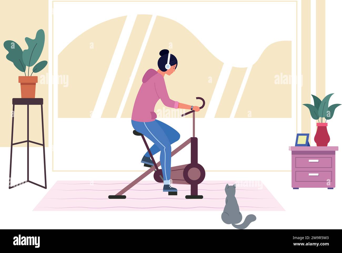 Woman cycling exercise training. Home workout concept. Vector ...