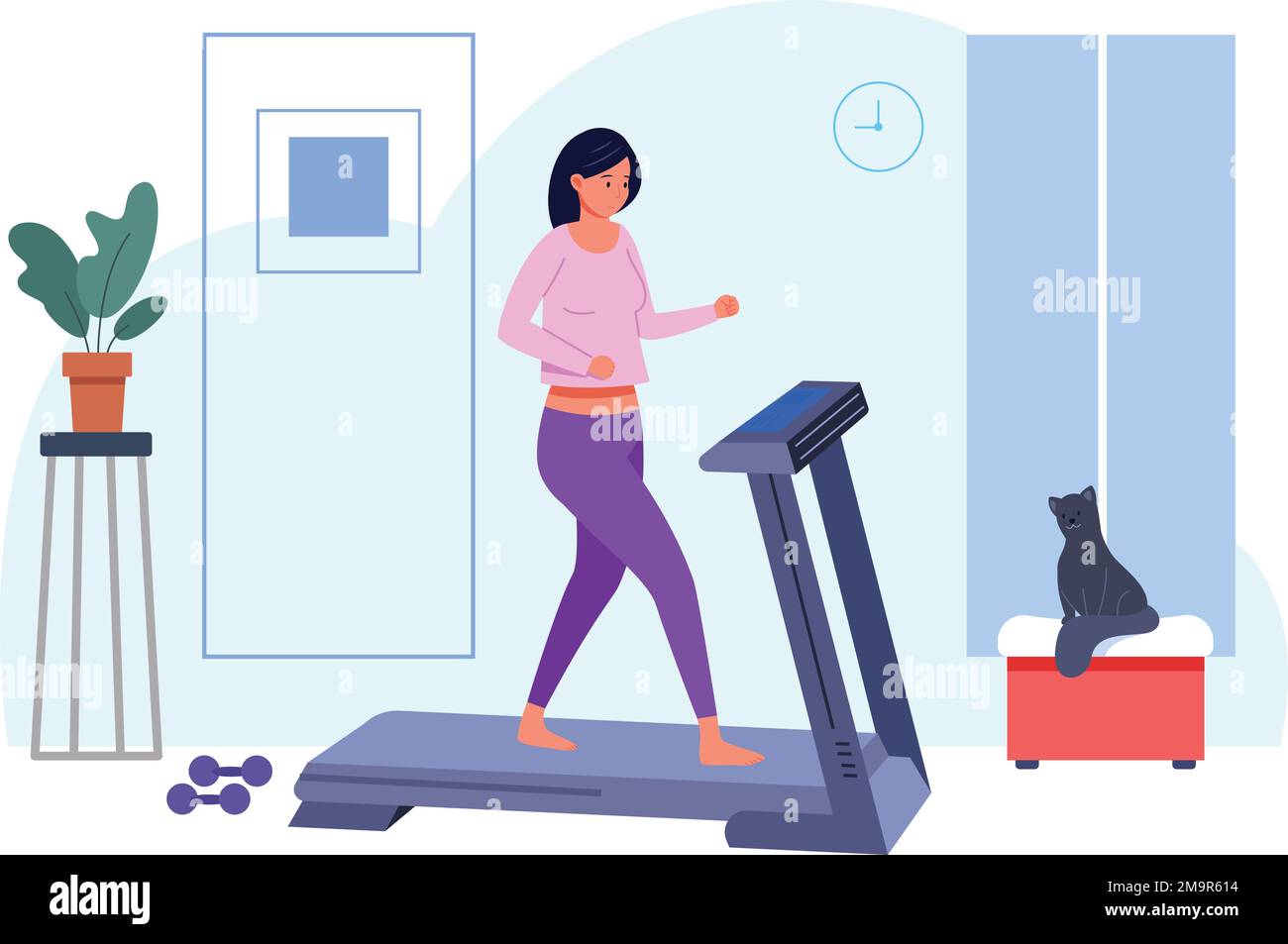 Woman on treadmill in room interior. Home fitness workout. Vector ...
