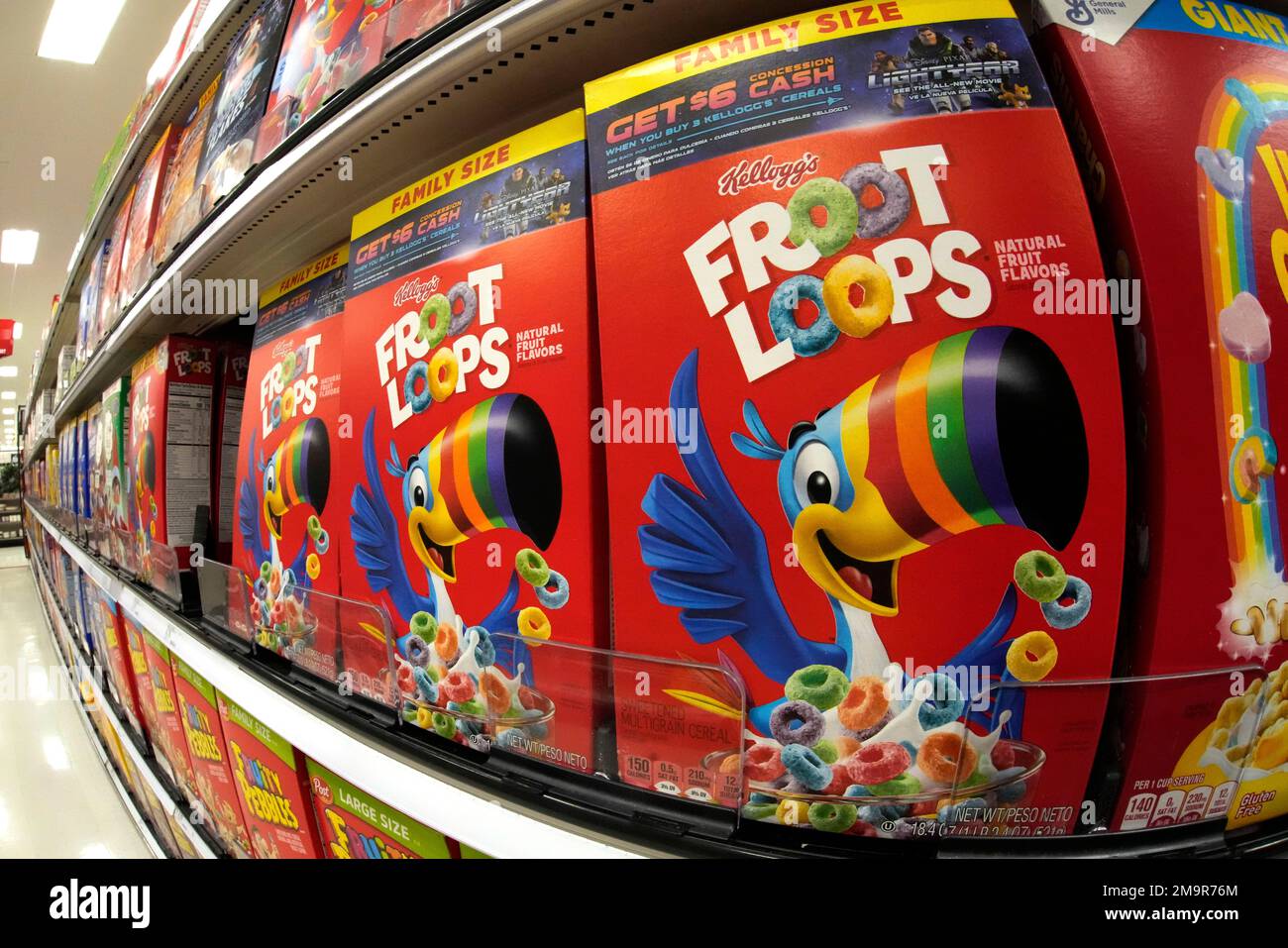 Boxes of Kellogg's Fruit Loops cereal are displayed in a Target store ...