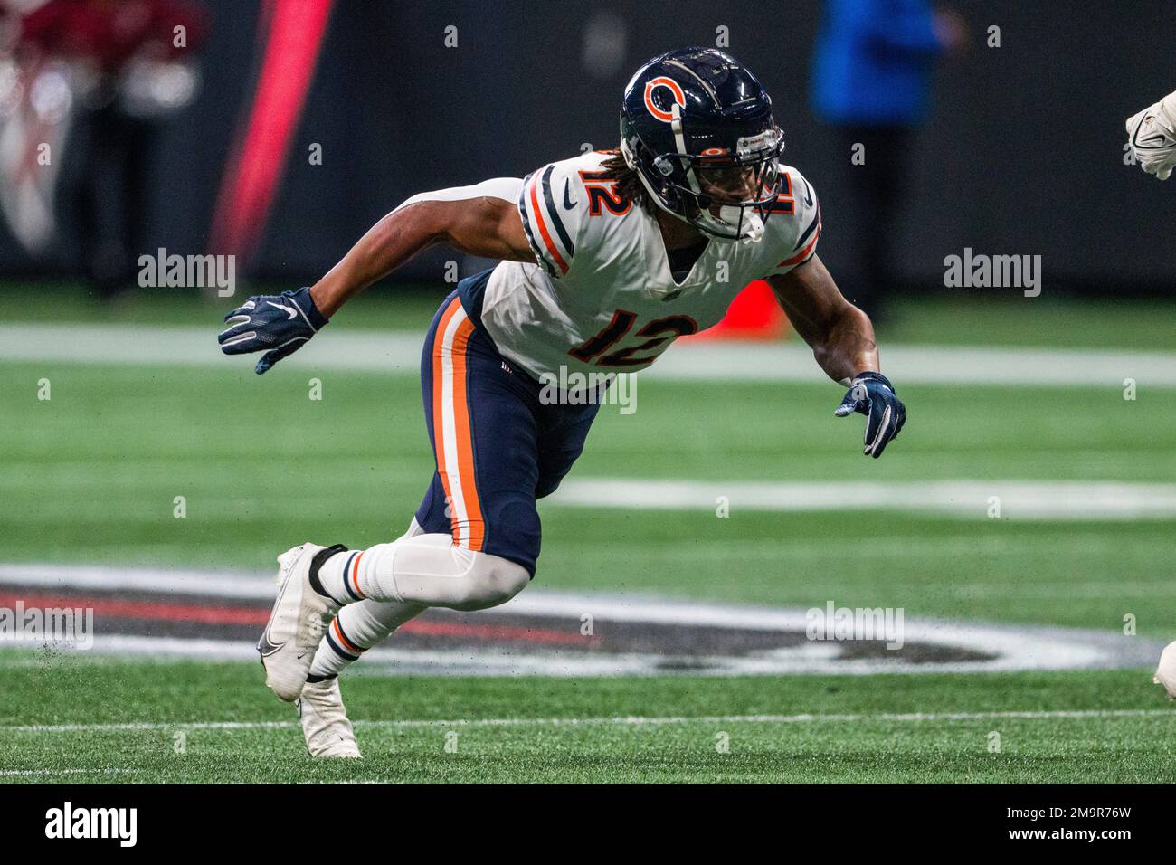 Chicago Bears wide receiver Velus Jones Jr. (12) works during the first ...